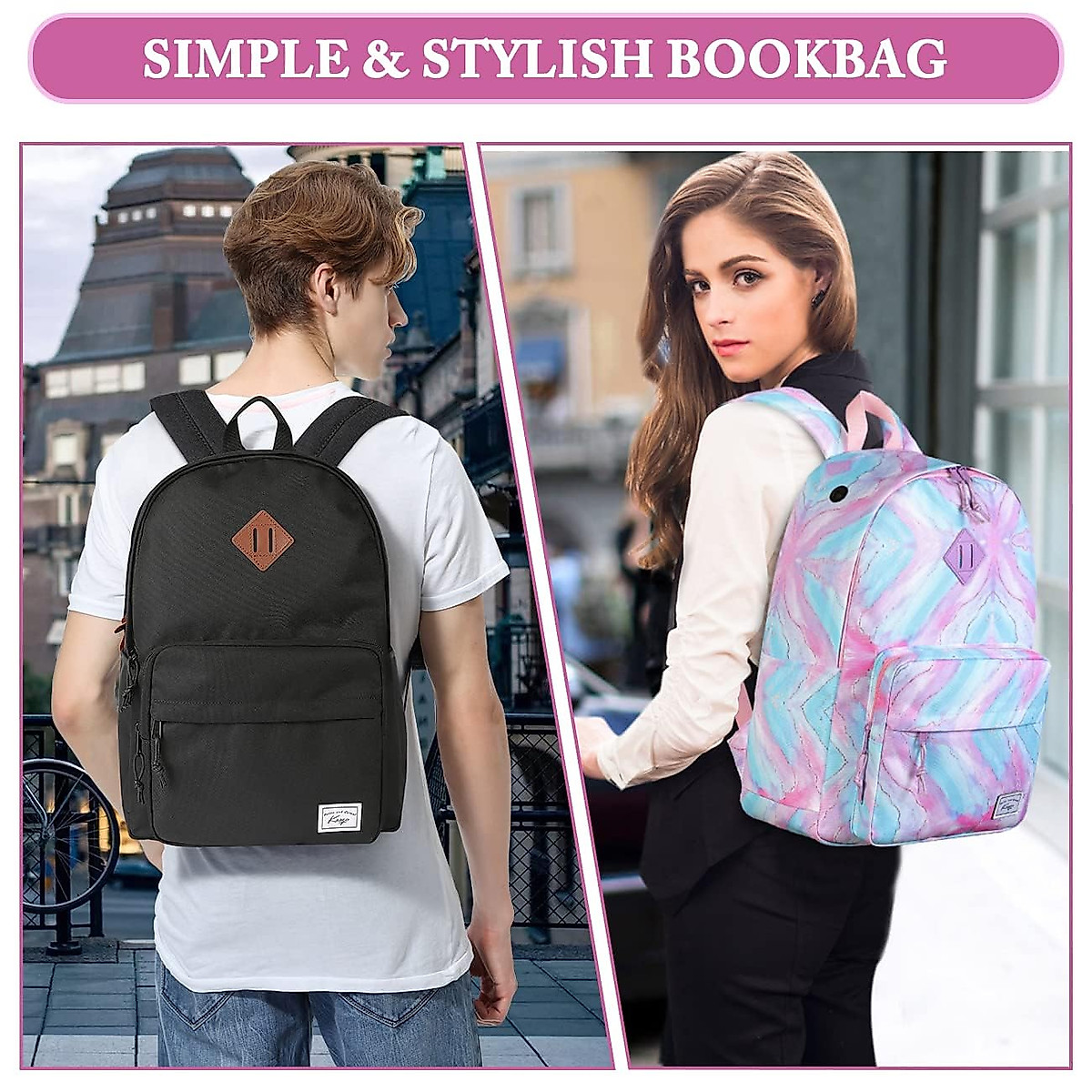 Kasqo School Backpack, 15.6 Inch Classic Lightweight Water-Resistant Backpack Bookbag Daypack for Women Teens Girls Kids College, Travel, Work, Multicolour