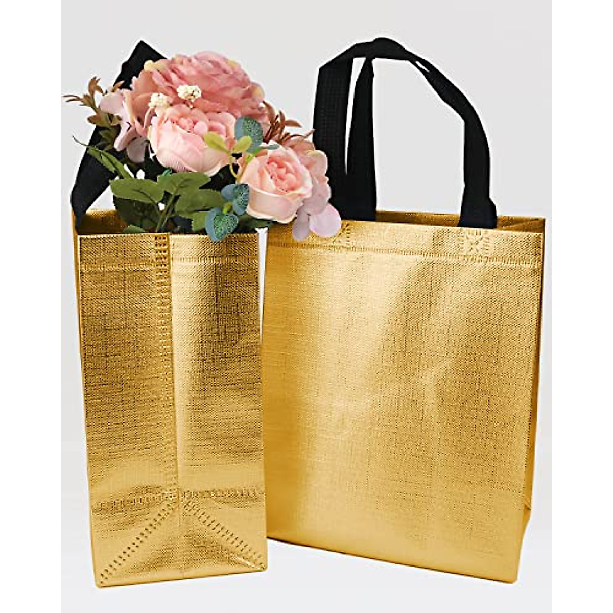 HUANN 12 Pcs Gold Gift Bags Medium Size Shine Reusable Gift Bags with Handles Metallic Glossy Non Woven Gift Bags for Wedding Christmas Party Birthday 8 x 5 x 10 Inch