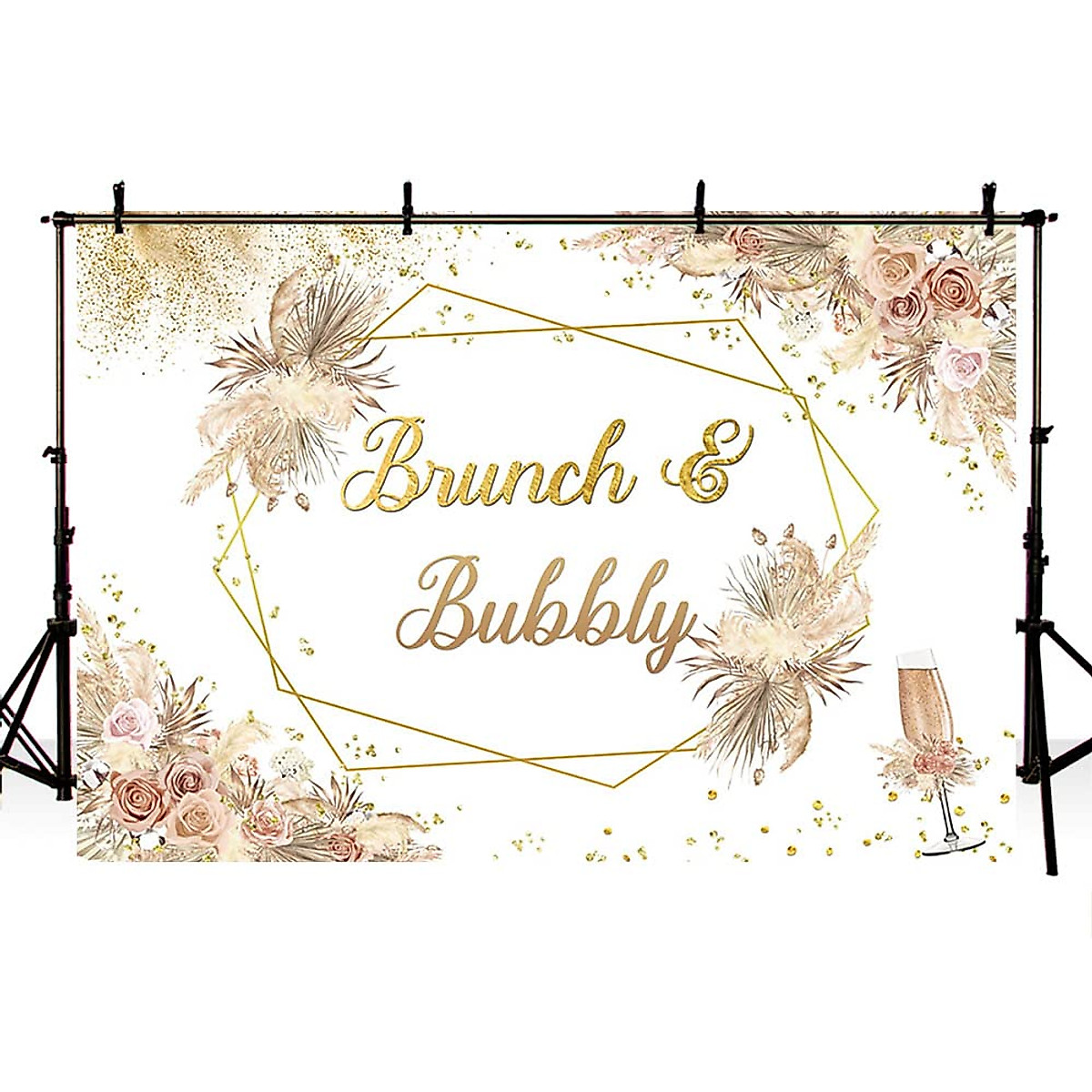SENDY 7x5ft Boho Brunch and Bubbly Backdrop Bridal Shower Party Decorations Supplies Wedding Bachelorette Banner Bohemia Floral Pampas Gold Champagne Photography Background Cake Table Photo Booth Prop