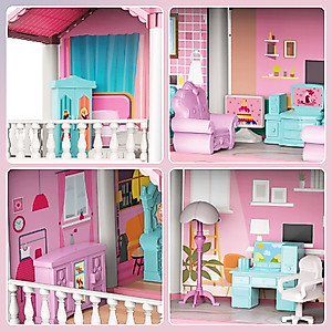 deAO Doll House Dollhouse - 3 Story 9 Rooms Pink DIY Pretend Play Building Playset, Dollhouse Asseccories and Furniture,Gift for 6 7 8 9 Girls Toddler