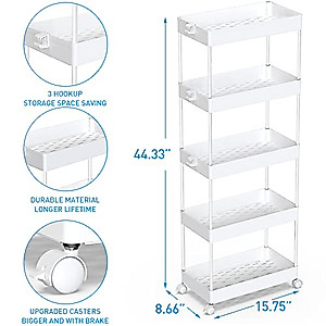 SPACEKEEPER 5-Tier Storage Cart, Bathroom Storage Organizer Rolling Utility Cart, Mobile Shelving Unit Slide Out Storage Shelves for Kitchen Living Room Bathroom Laundry Room & Dressers, White