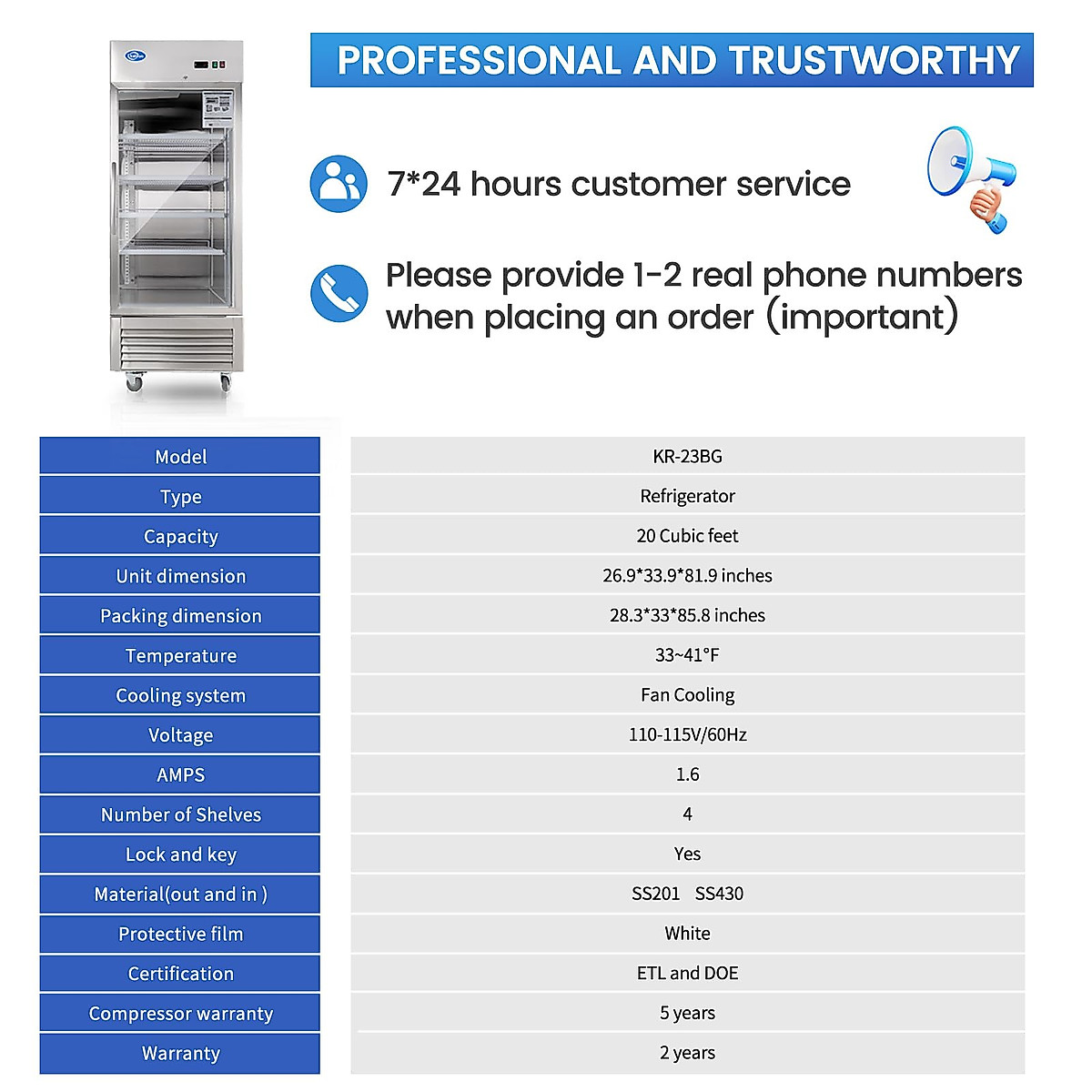 kalifon Commercial Display Refrigerator Merchandiser with 1 Glass Door - 23 Cu.Ft Upright Display Refrigerator with LED Lighting