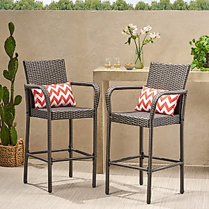 Christopher Knight Home Delfina Outdoor Wicker Barstools, 2-Pcs Set, Grey