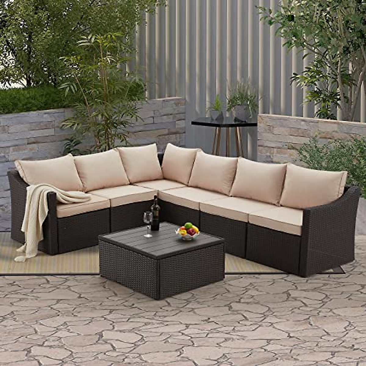 HOMREST 7 Piece Patio Furniture Sets, Outdoor Sectional Set with Adjustable Bracket, PE Rattan Patio Conversation Set, Sofa Set with Storage Coffee Table, for Garden, Lawn, Balcony