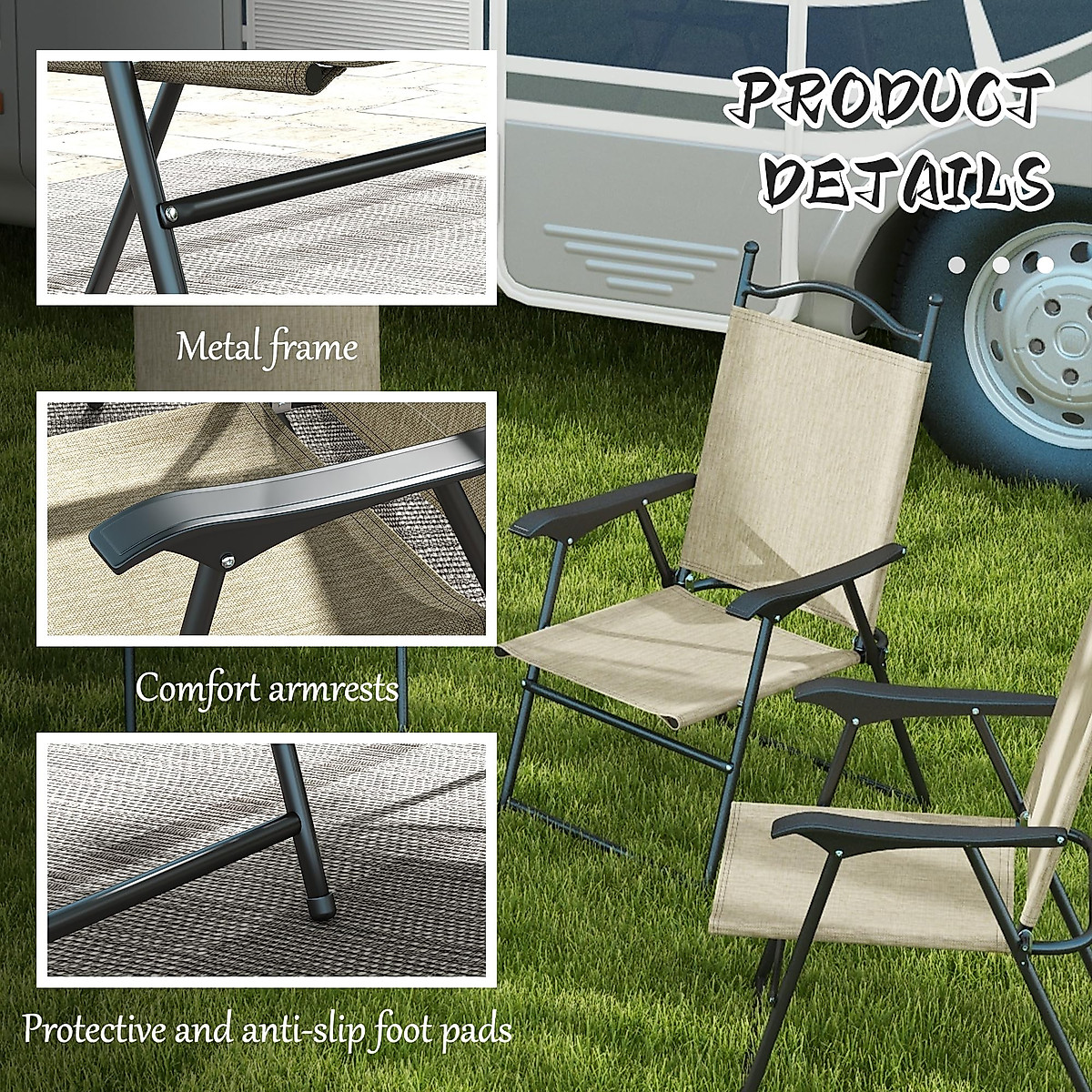 Outsunny Folding Patio Chairs, Set of 4 Sports Chairs for Adults, Camping Chairs with Armrests, Breathable Mesh Fabric Seat for Lawn, Beige