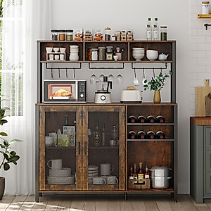 Loomie Wine Bar Cabinet with LED Lights, Industrial Coffee Bar Cabinet with 3 Storage Compartments & Wine Rack &Glass Holder,Sideboard Buffet Cabinet for Liquor and Glasses,Liquor Cabinet,Rustic Brown