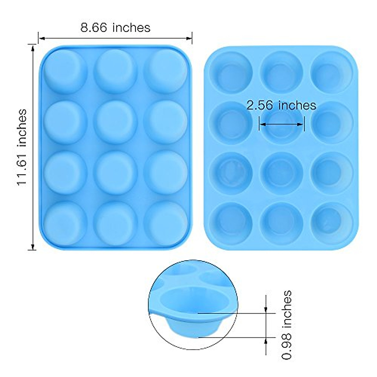 homEdge 12-Cup Silicone Muffin Pan, Pack of 2 Non-Stick Muffin Molds, Baking Pan for Cupcake, Tarts, Egg Bites-Blue