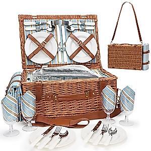 Wicker Picnic Basket Set for 4 Persons with Large Insulated Cooler Compartment, Adjustable Shoulder Strap, Willow Hamper and Free Waterproof Blanket Set with Cutlery Service Kit