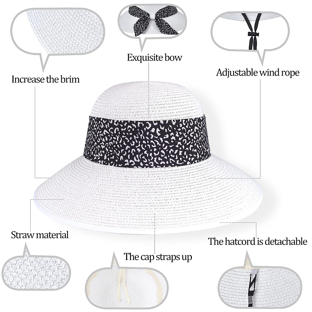 Womens Straw Sun Hat Summer Beach Wide Brim UV Protection Hats with Chin Strap Leopard White Floppy Foldable Packable Ladies Fashion Cute Bowknot Travel UPF 50 Cap for Girls
