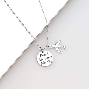 LQRI Airforce Mom Gift Proud Air Force Mom Necklace Airplane Charm Military Deployment Gift Long Distance Relationship Necklace for Mother (silver)