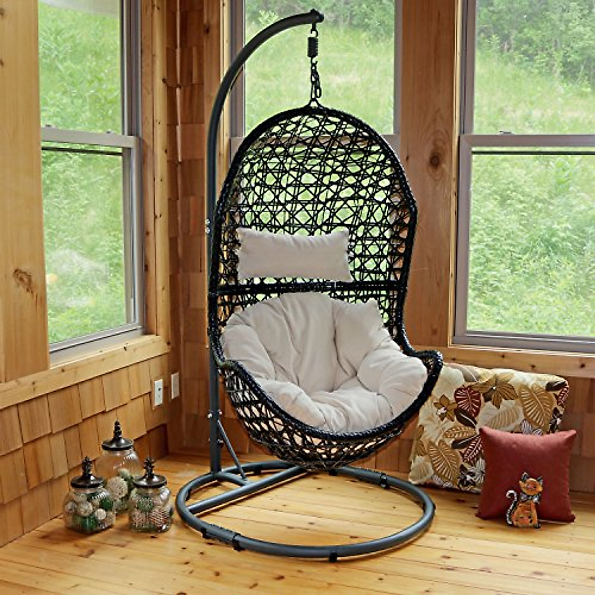 Sunnydaze Cordelia Hanging Egg Chair with Steel Stand Set - Resin Wicker - Outdoor Large Basket Design Patio Lounge Chair - Includes Beige Cushion and Headrest