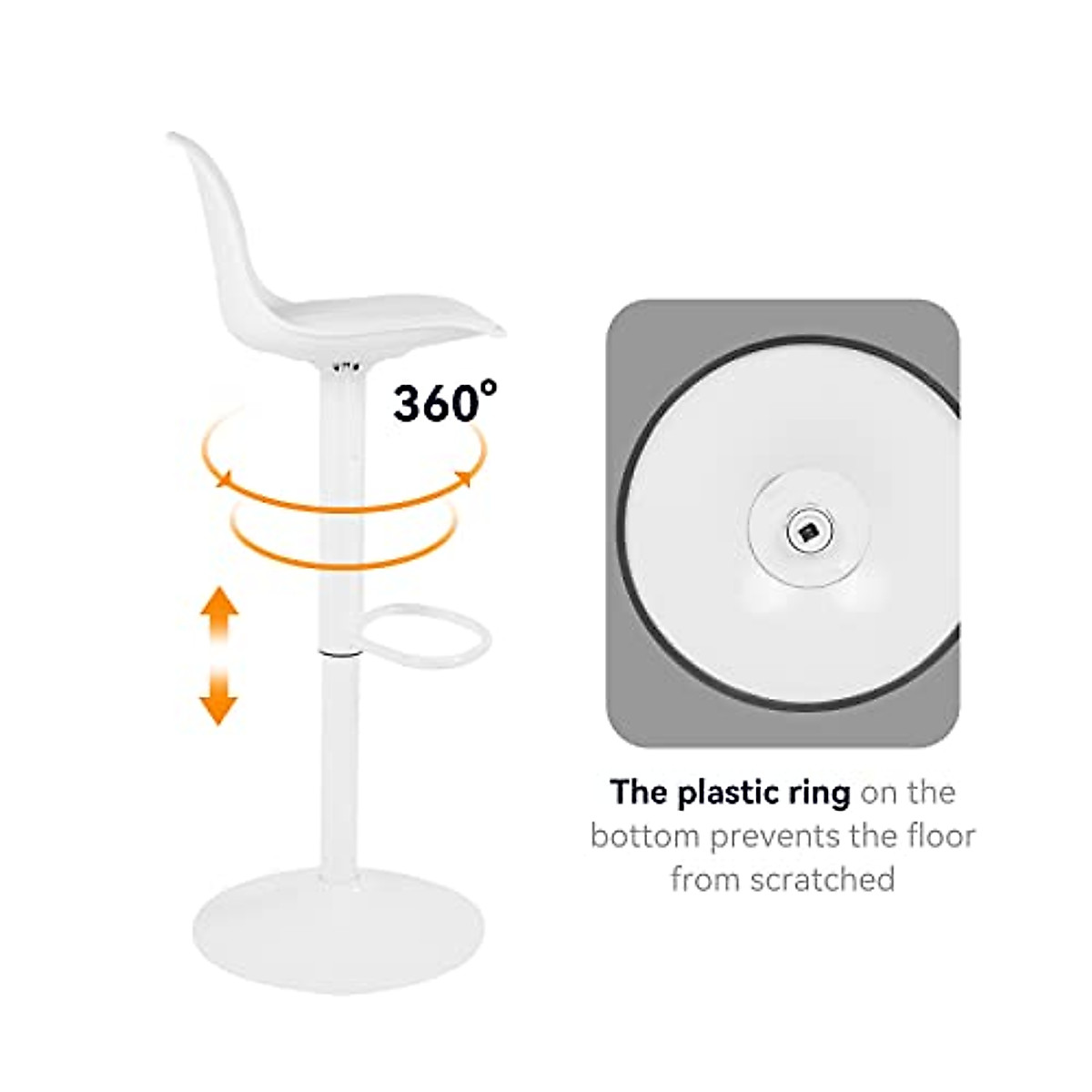 Miereirl Bar Stools Set of 2 Morden Height Counter Bar Stools with Polypropylene Back and Leather Seat，Swivel Adjustable Stool Chair for Home Kitchen Island-White