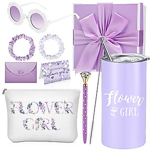 Sieral 9 Pcs Flower Girl Proposal Gifts Set Personalized Flower Girl Tumbler with Straw Bride Gift Box Canvas Bag Sunglasses Hair Ring Diamond Pen Envelope Bride Gift for Wedding(Purple,Retro)