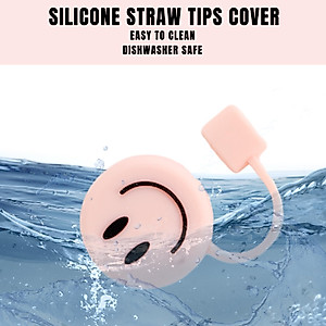 Whaline 6Pcs Smile Face Straw Covers Light Pink Double Sided Pattern Straw Tip Covers 0.4 Inch Silicone Reusable Round Straw Topper for 30 & 40 OZ Tumbler with Handle