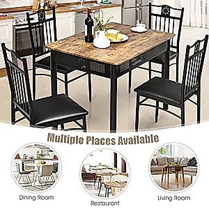 Tangkula 5 Pieces Dining Table and Chairs Set, Vintage Retro Wood Top Metal Frame Padded Seat Dining Table Set Home Kitchen Dining Room Furniture