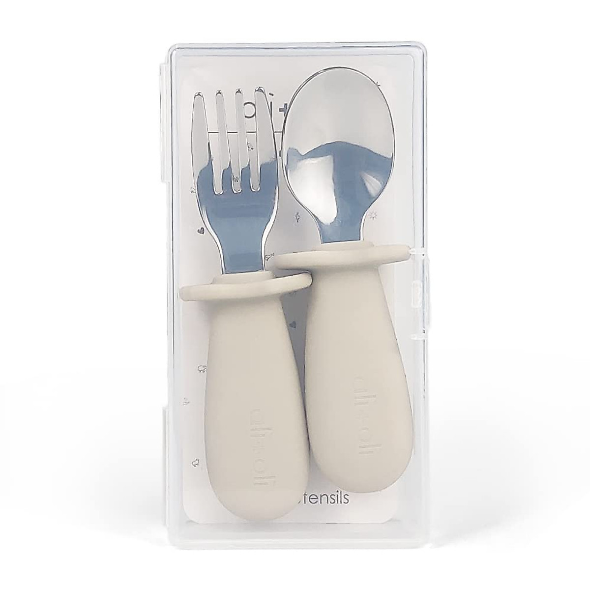 Ali+Oli Spoon & Fork Learning Set for Toddlers (Khaki) 6m+ Grab Easy BPA Free Food-Grade Silicone Handle, Kids Silverware Self Feeding Baby Utensils, Multi-stage Baby Feeding Set Ergonomic Design