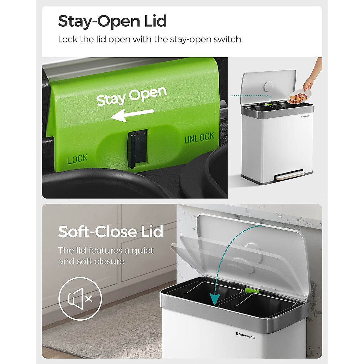 SONGMICS Kitchen, 16 Gallon (2 x 8 Gallon) Dual Compartment Garbage Can, 60L Pedal Recycling Bin, Stay-Open Lid and Soft Closure, Stainless Steel, 15 Trash Bags Included, White ULTB202W01