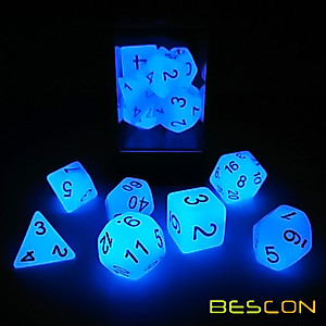 Bescon Gemini Glowing Polyhedral Dice 7pcs Set ICY Rocks, Luminous RPG Dice Set d4 d6 d8 d10 d12 d20 d%, Brick Box Packaging