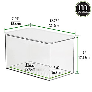 mDesign Plastic Stackable Kitchen Pantry Cabinet or Refrigerator Food Storage Container Box, Attached Hinged Lid - Organizer for Snacks, Produce, Pasta, Lumiere Collection - 4 Pack - Clear/White