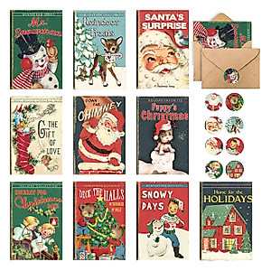 AnyDesign 40 Pack Retro Christmas Greeting Cards Vintage Xmas Cards with Envelopes Stickers Santa Claus Snowman Blank Note Cards for All Occasions New Year Gift Giving, 10 Design, 4 x 6 Inch