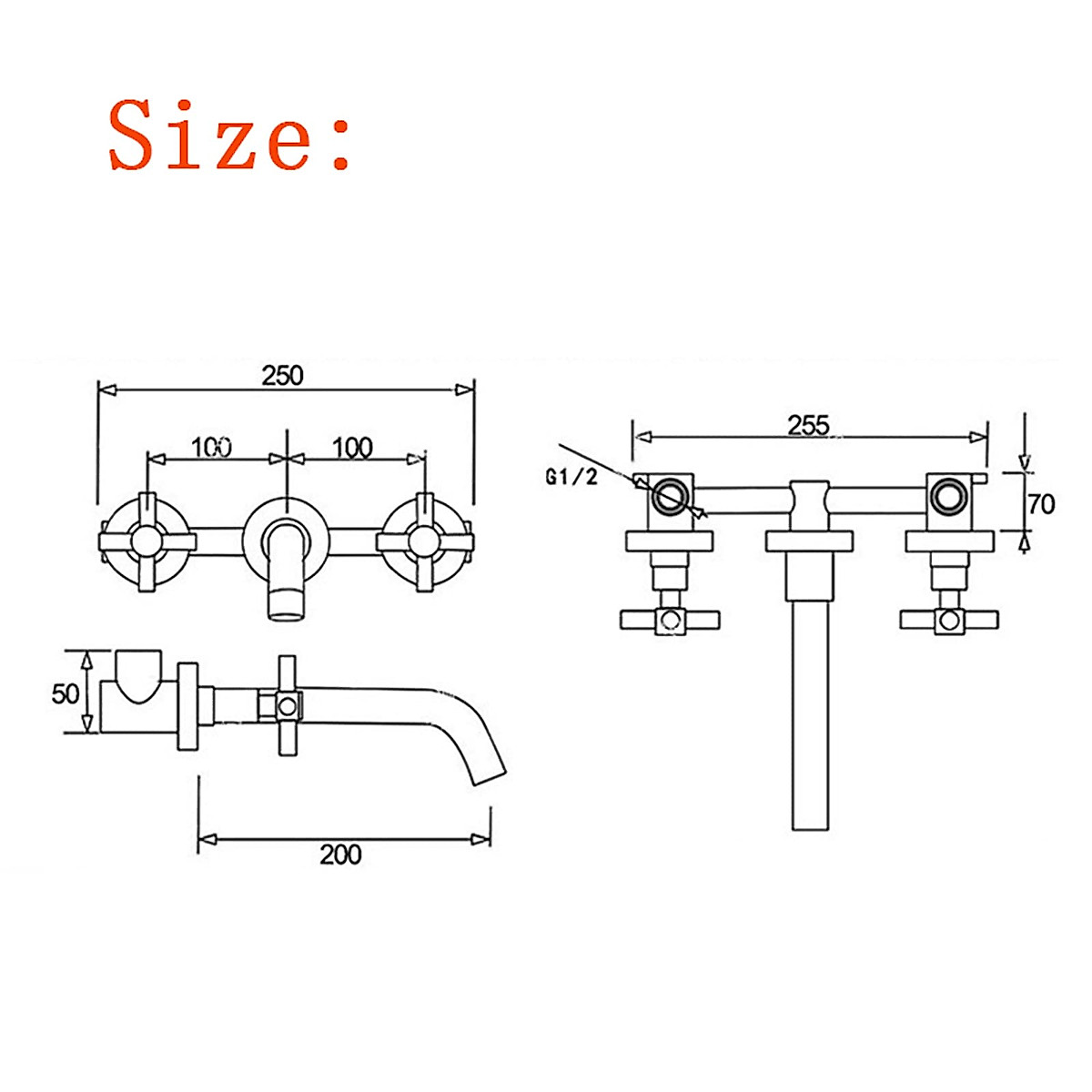 Wall Mount Bathroom Faucet,Double Handle Wall Mount Brass Basin Mixer,360 Degree Rotating Nozzle,1/2 Standard Thread,Bathroom Faucet,Gold (Color : Gold)