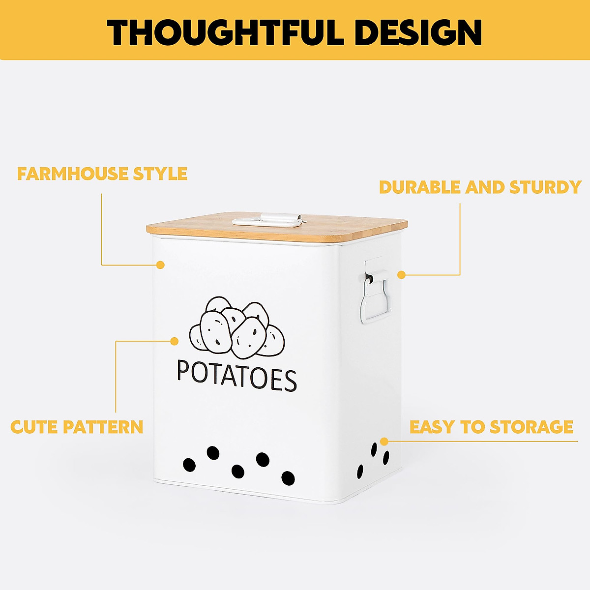 Potato and Onion Storage Bin, Set of 2 Vegetable Storage Tins with Wooden Lids & Side Handles, Dual-row Ventilation Holes, Farmhouse Metal Kitchen Canisters Sets, White