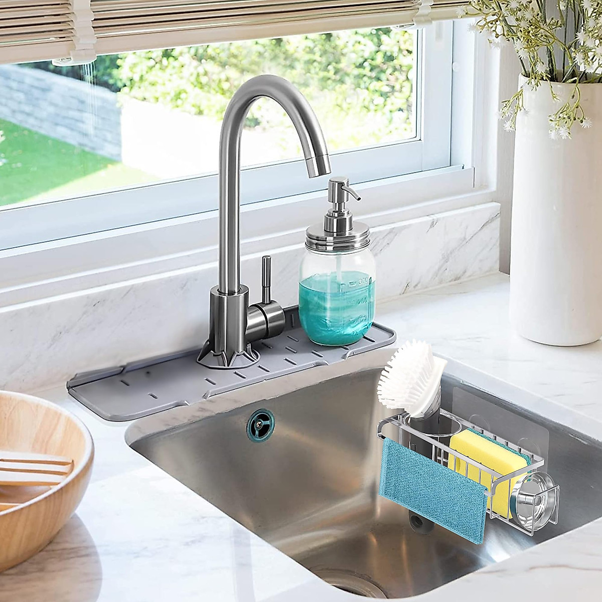 KESOL 4-in-1 Kitchen Sink Caddy with Adhesive Sponge Holder for Kitchen Sink + Dish Cloth Hanger + Dish Brush Holder, 304 Stainless Steel Rust Proof, Water Proof, No Drilling Kitchen Sink Accessories