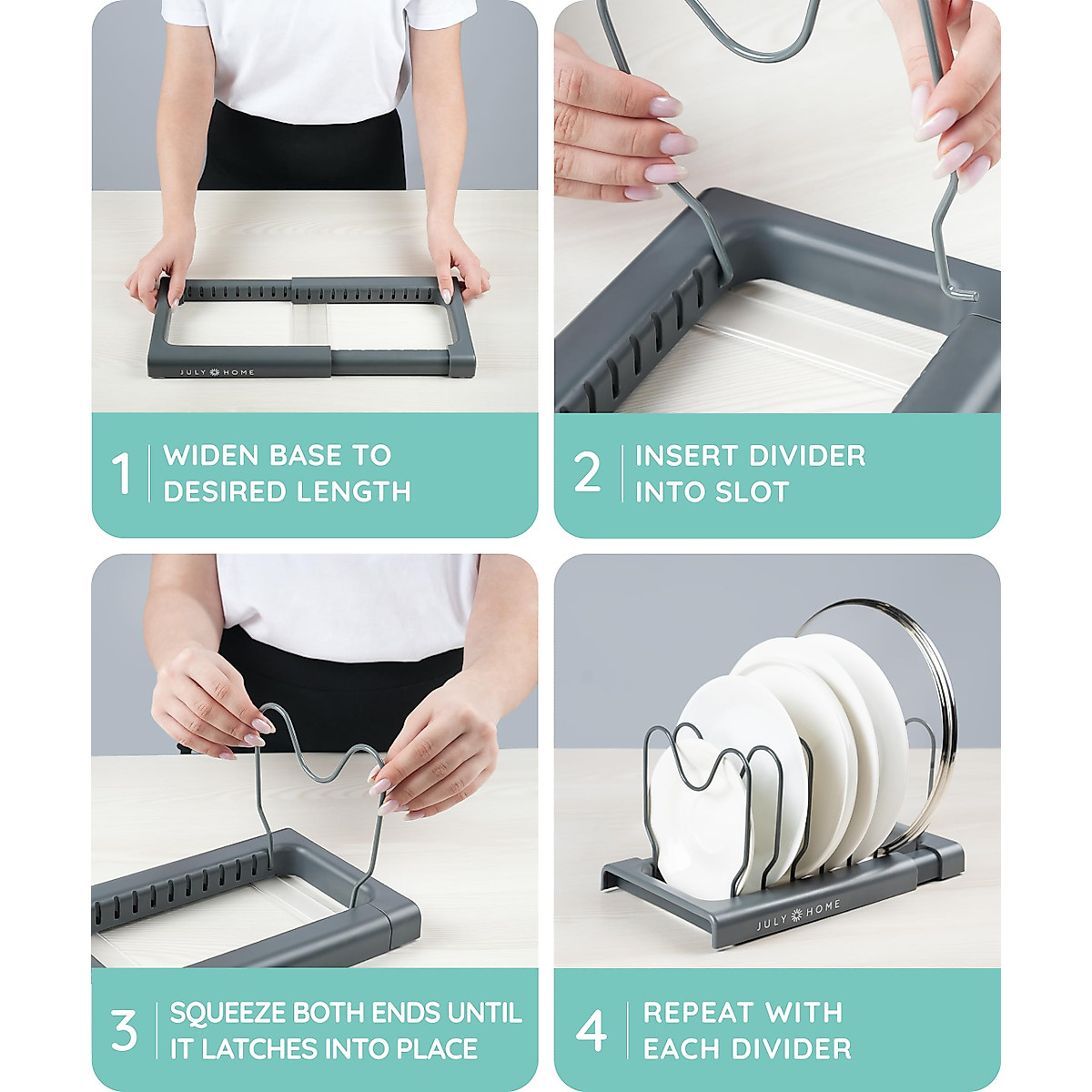 JULY HOME Expandable Pot and Pan Organizer Rack for Cabinet, Pot Lid Organizer Holder with 7 Adjustable Compartments, Cutting Board, Cookware, Bakeware & Frying Rack Organizer for Cabinet (Gray)