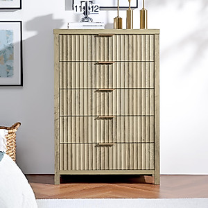 5 Drawers Dresser for Bedroom, 44 Inches Tall Modern Bedroom Dressers, Chest of Drawers for Bedroom, Fluted Dresser for Closet Organizer for Living Room, Hallway, Entryway (Sunwashed Ash Oak)