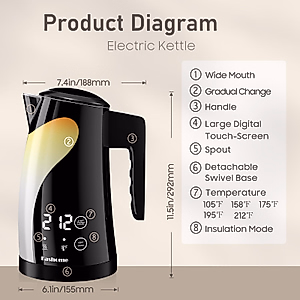 Electric Kettle Temperature Control, 304 Stainless Steel Interior, BPA-Free, Double Wall 1.25L Hot Water Boiler, 1200W Tea Kettle with Auto Shut-Off & Boil Dry Protection, Cordless Base (KCK02A)