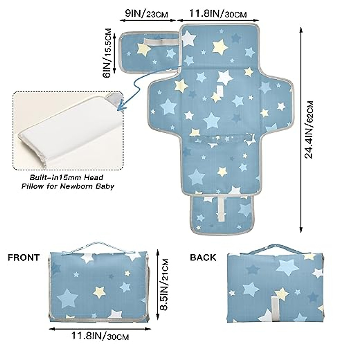 Bulletgxll Cartoon Star Blue Portable Diaper Changing Pad Waterproof Changing Pad with Baby Tissue Pocket and Magic Stick for Newborn Baby.