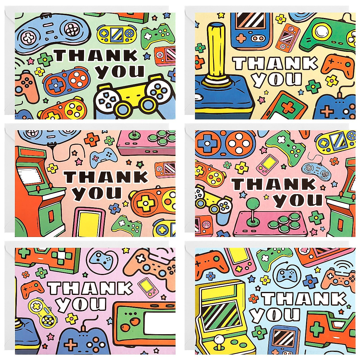 JOELELI 24 Pack Video Game Kids Thank You Cards with Envelope, Funky Gaming Bulk Thank You Notes Small Cute Blank Notecards Greeting Cards Varied Gratitude Card for Kids Birthday Baby Shower