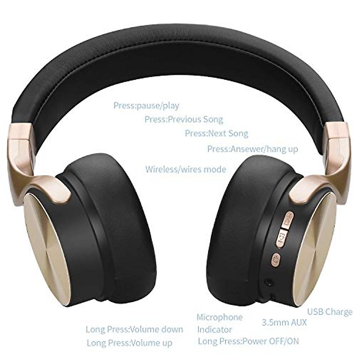 Riwbox BN5 Bluetooth Headphones Over Ear, Folding Stereo Headphones Wired Wireless with Mic Compatible for iPhone/iPad/TV/PC/Online Class/Home Office (Black&Gold)