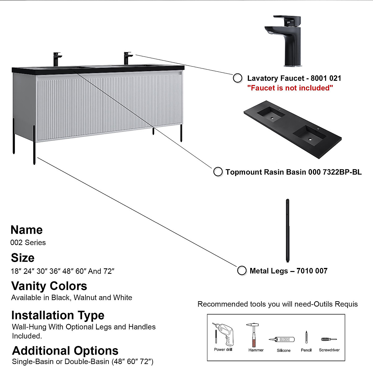 Dowell 72“ Fluted Design Vanity Set – Modern Bathroom Cabinet with Soft-Close Door & Shelf.Glossy White- 002 72 21V/7322BPBL