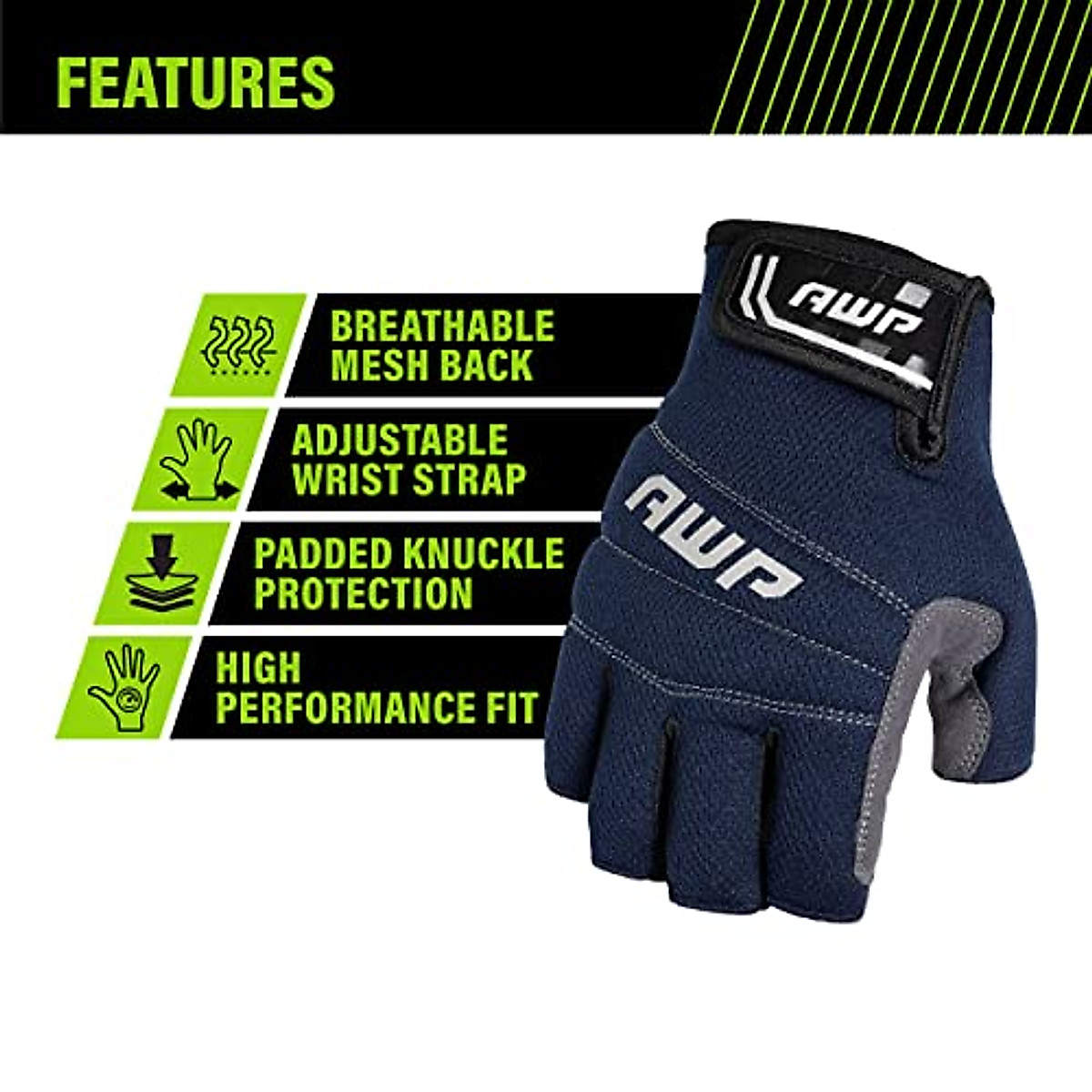 AWP Pro Fingerless Work Gloves for Men And Women, Form-Fitting Performance Design, Large, Navy Blue