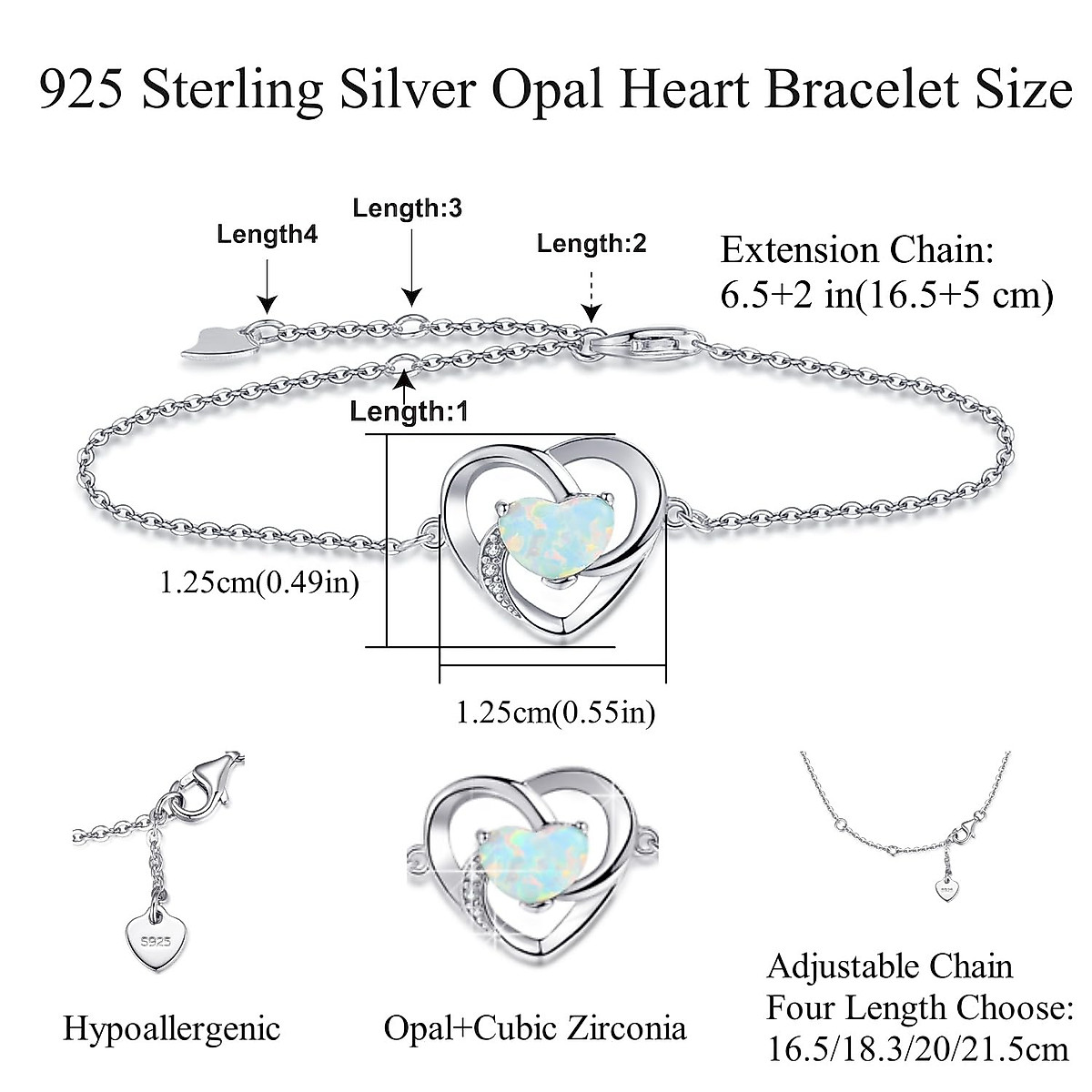 YZSFMZGE Opal Bracelet 925 Sterling Silver Adjustable Opal Bracelets for Women Opal Heart Bracelet Hypoallergenic Dainty Jewelry Gift for Birthday Christmas