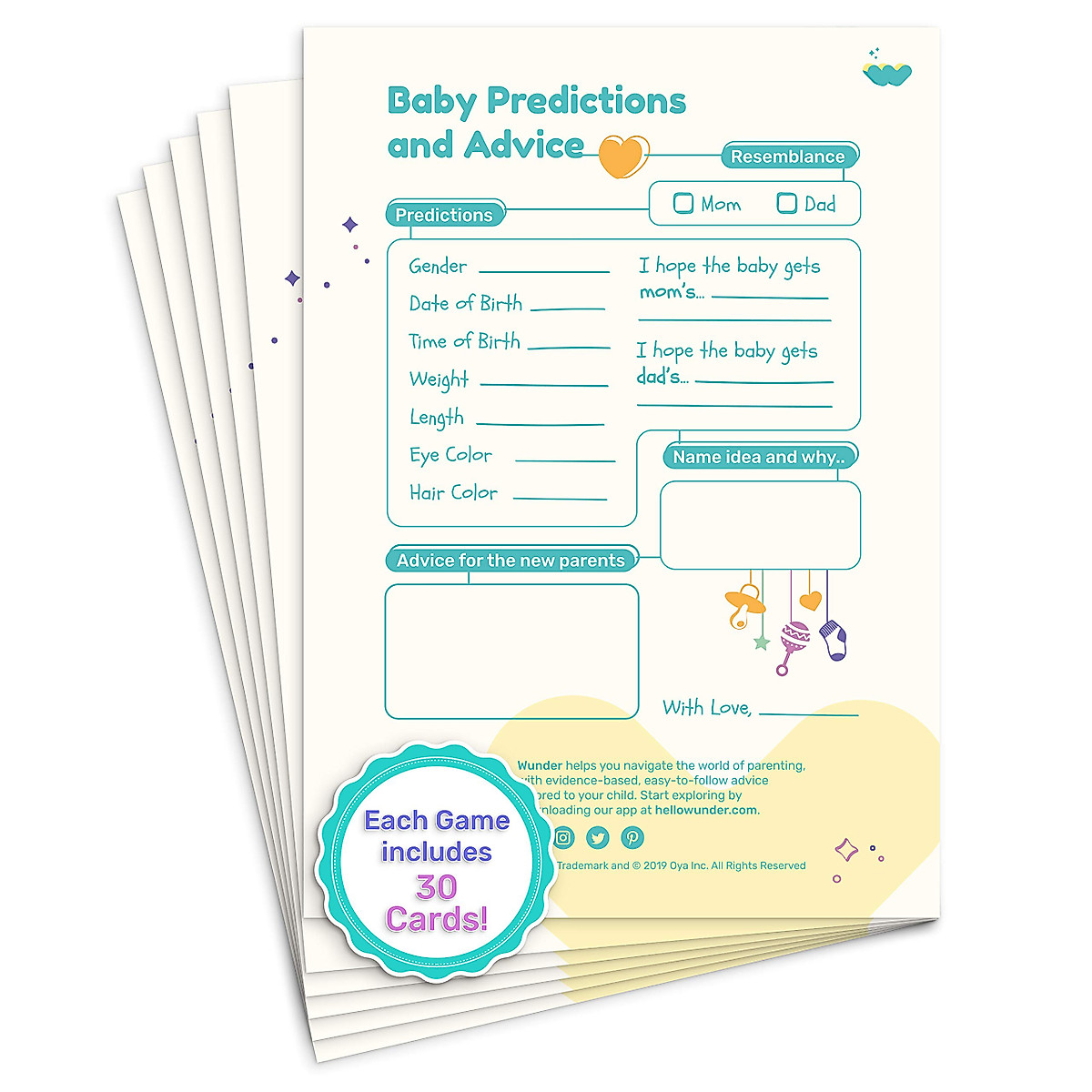 Wunder - Baby Shower Game Set with 6 Games, 30 Card Packs and Variety of Fun Activities, Mommy or Daddy, Predictions & Advice, Trivia, Word Search, Find Guest, Emoji & Bonus Mad Lib