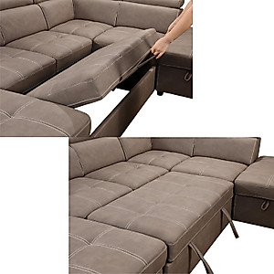 THSUPER 127'' Microfiber Oversized U-Shaped Sectional Sleeper Sofa Couch with Pullout Bed, 7 Seats Couch with Adjustable Headrests, Sofa with Storage Chaise and Ottoman for Living Room. Light Brown