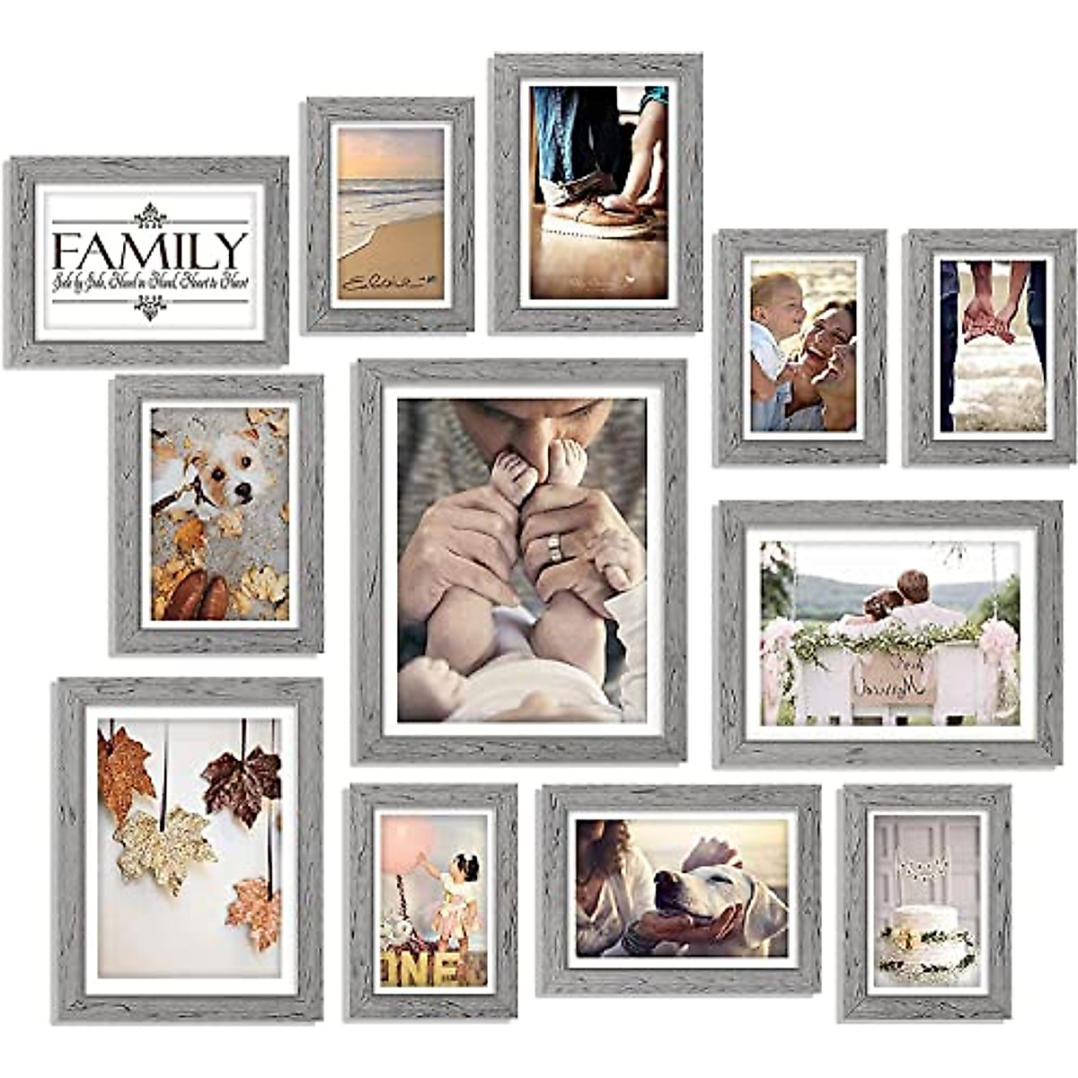 HAMITOR Picture Frames Set for Wall Decor- 12 Pack Gallery Wall Frames Set, Collage Photo Frames Wall Mounting Including One 8x10 / Four 5x7 / Five 4x6 / Two 6x8 Inch- Rustic Gray