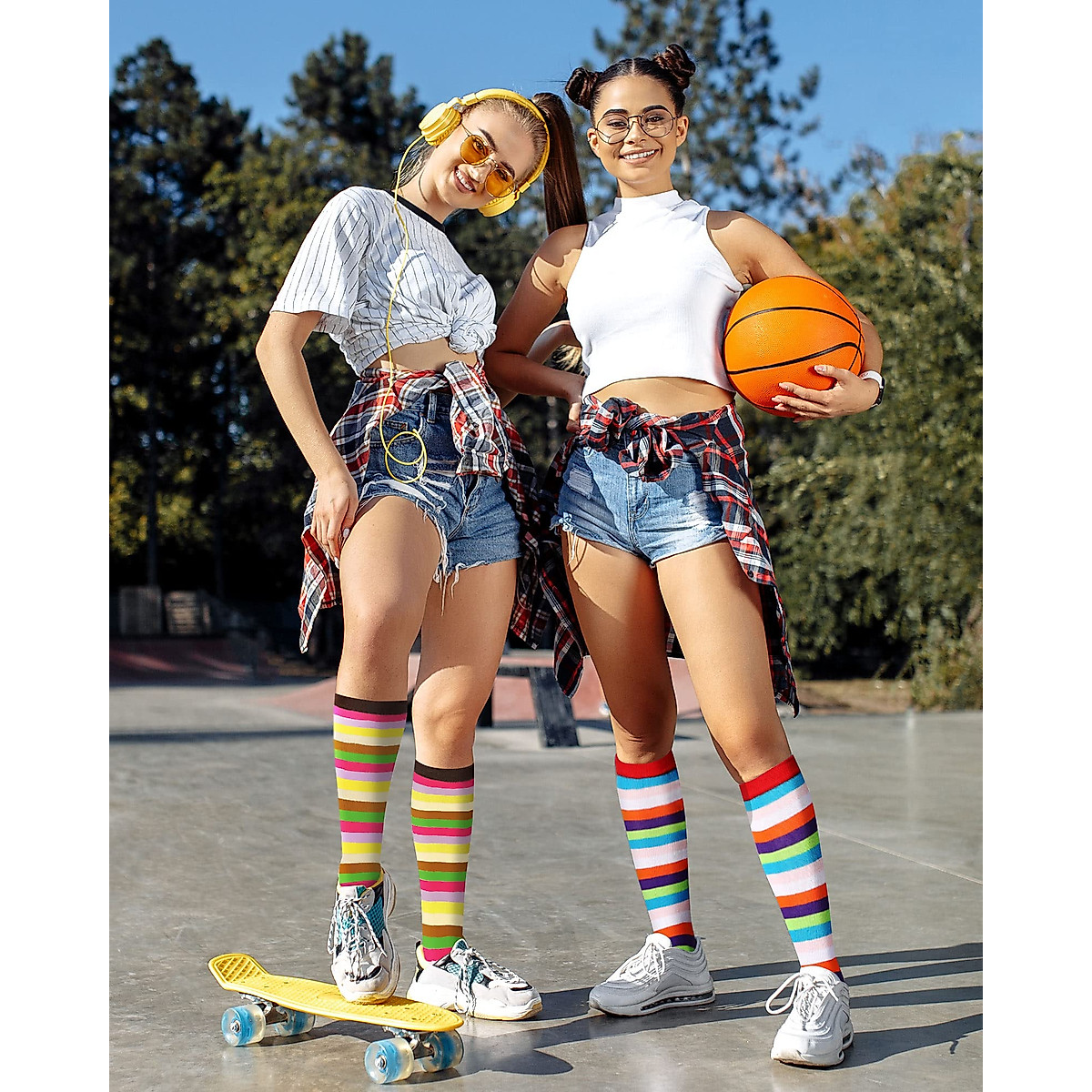 Jeere 6 Pairs Rainbow Toe Socks Women Cotton Knee High Toe Socks With Toes Separated Striped Thigh High Socks Leg Warmers LGBT Pride Long Socks (Black, Grey, Pink, Red, Coffee, Green)