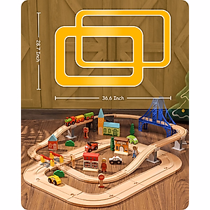 SainSmart Jr. Wooden Train Set 60pcs for Toddlers, Wood Highway and Train Track with More Cars Fits Brio, Thomas, Melissa and Doug for 3 4 5 Years Old Boys and Girls