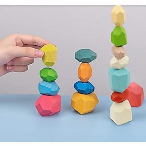 LSJDEER 40 PCS Wooden Rocks Balance Stones Building Blocks Set, Colored Wood Balancing Stone Stacking Game, Lightweight Natural Educational Preschool Learning Large Small Puzzle Toy for Kids
