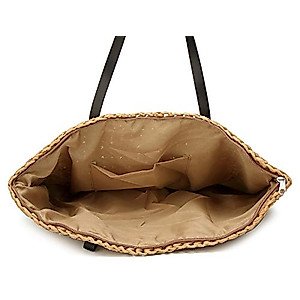 Straw Bag Round Summer Straw Large Woven Beach Bag Purse For Women Vocation Tote Handbags With Pom Poms (Lightcoffee)