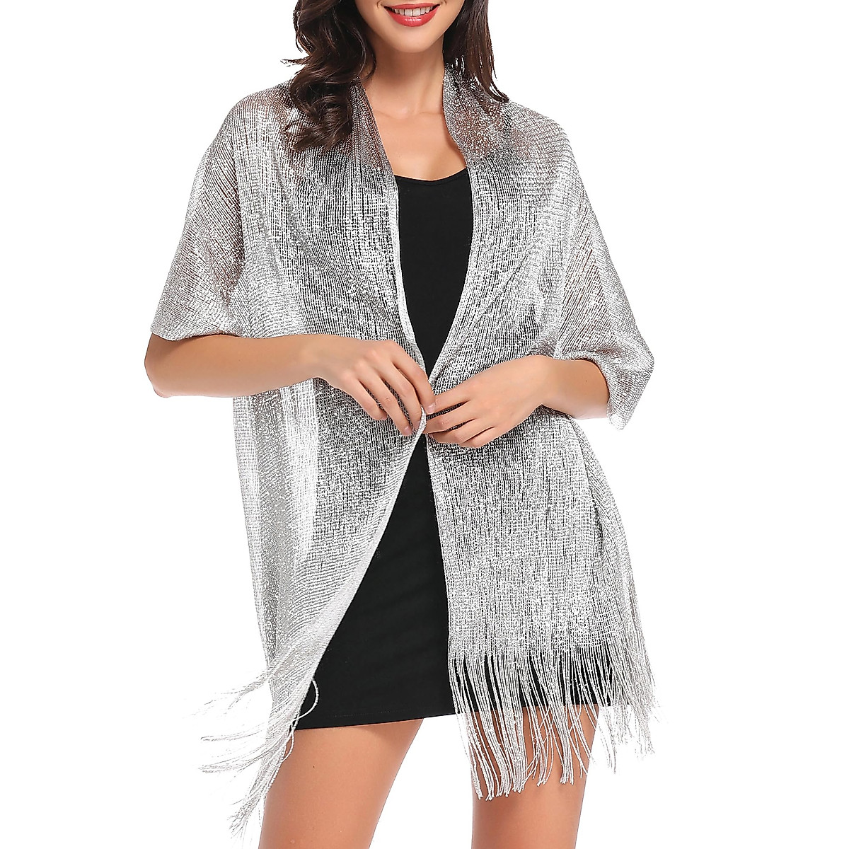 vimate Silver Shawl for Women, Glittering Metallic Shawl Scarf and Wraps for Evening Patry Dresses (Silver)