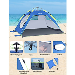 Glymnis Pop Up Beach Tent Sun Shade Shelter for 4 Person with UPF 50+ Easy Setup, 3 Ventilation Windows, Extended Floor Family Instant Beach Tent