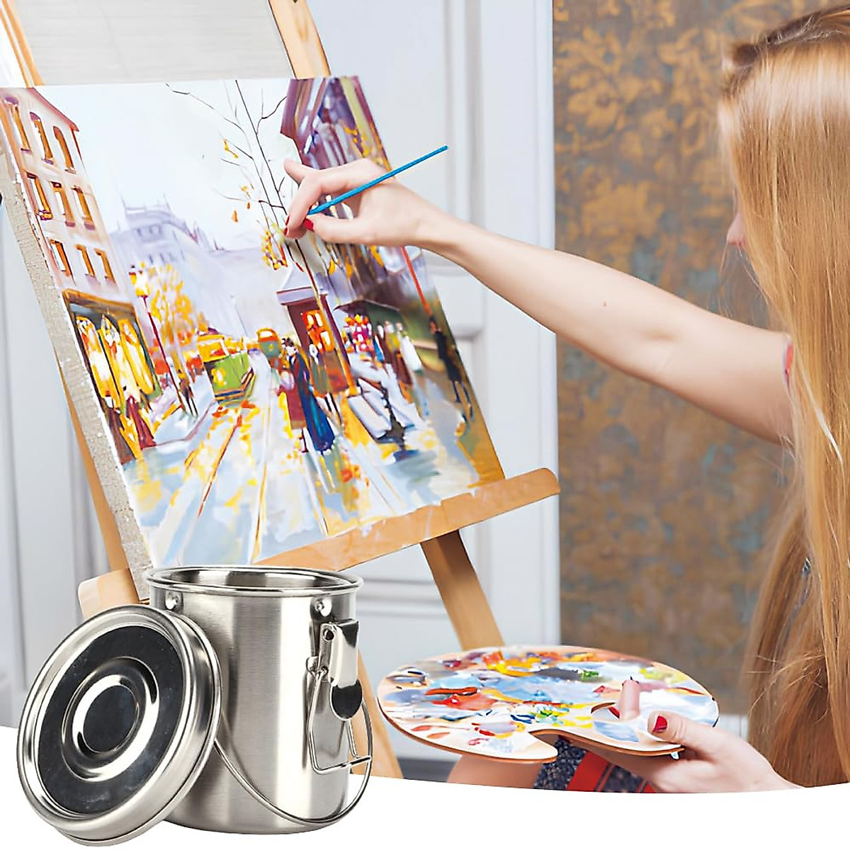 Leopacat Paint Brush Washing Bucket, Steel Leak Proof Washer Artist Cleaning Airtight Bucket with Removable Filter Screen Double Dipper Container for Student Painter Acrylic Oil Watercolor Painting