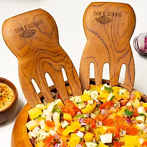 Rainforest Bowls Javanese Teak Wood Salad Serving Hands w/Knob Handles - Perfect for Mixing, Tossing & Serving Salad - Ultra-Durable- Premium Wooden Design Handcrafted by Indonesian Artisans