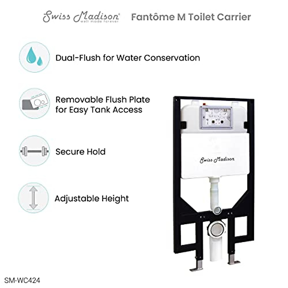 Swiss Madison Well Made Forever SM-WC424 Toilet Tank Carrier, For 2 x 4 Residential Studs, White & White SM-WC002W Wall Mount Dual Flush Actuator Plate with Square Push Buttons