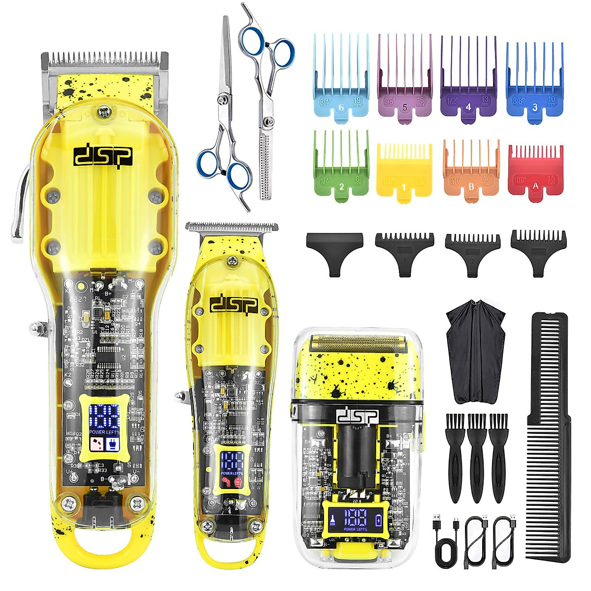 DSP Hair Clipper, Trimmer, Beard Shaver Kit for Men Professional Barber Set for Hair and Beard Cutting Zero Gap T-Blade Beard Trimmer, Rechargeable Bald Fade Clippers with LED Display (Yellow)