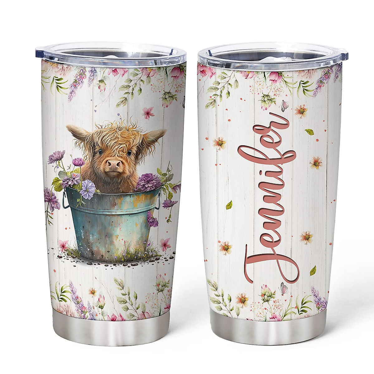Hyturtle Personalized Gifts For Highland Cow Lover - Highland Cow Customized Name Stainless Steel Tumbler 20oz With Lid - Idea Farm Animals Lover Gifts For Women, Girl, kids On Birthday, Christmas